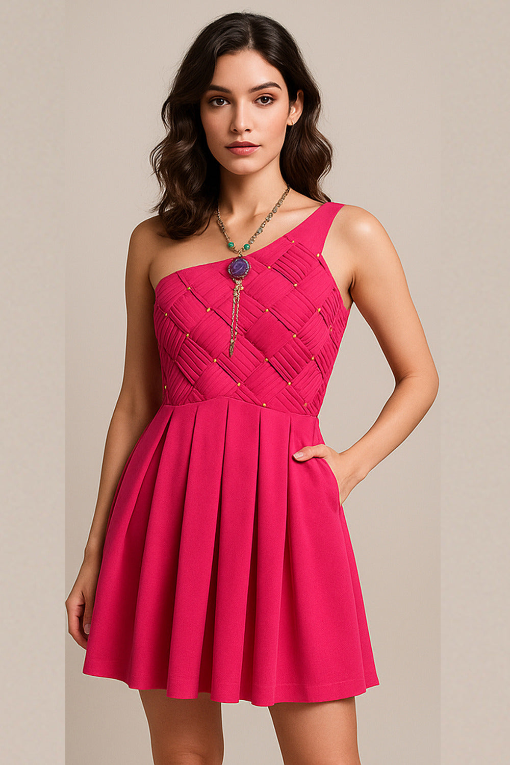 Hot pink one shoulder dress with plating and crystals detailing on bod