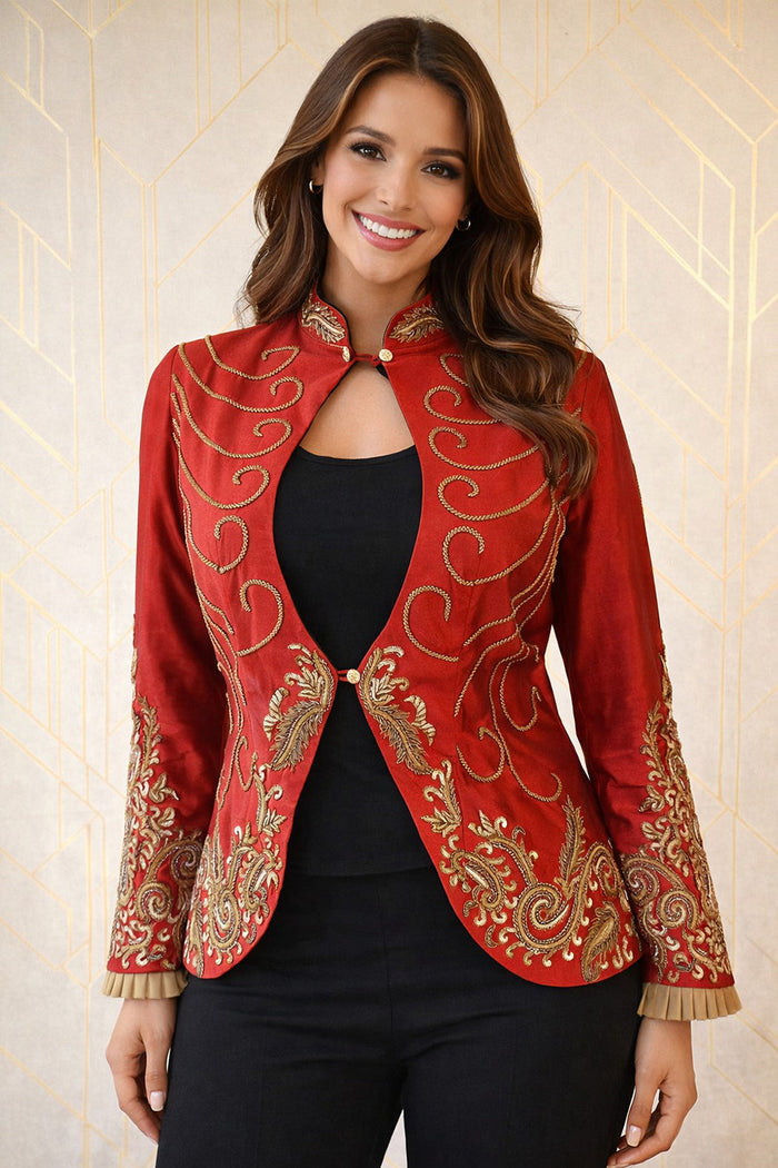 Venetian Red Formal Coat with Gold Handwork and Pleated Silk Detailing
