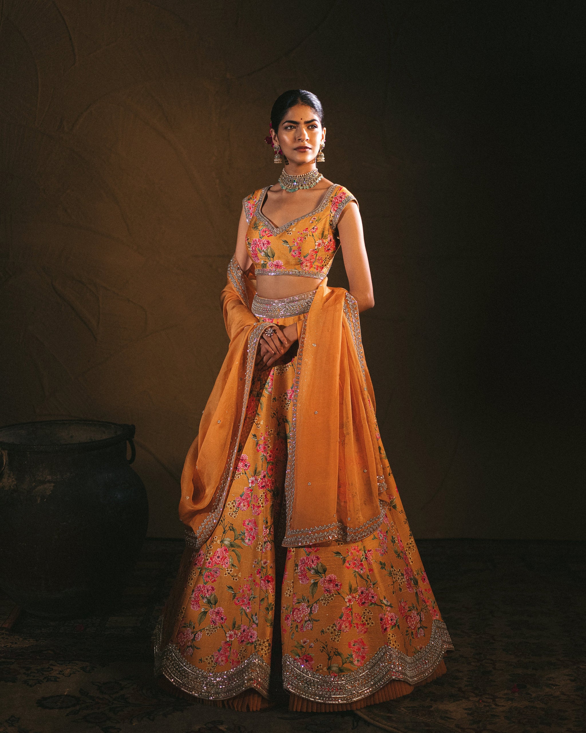 Hemani - Mustard Yellow Printed Embroidered Lehenga Set