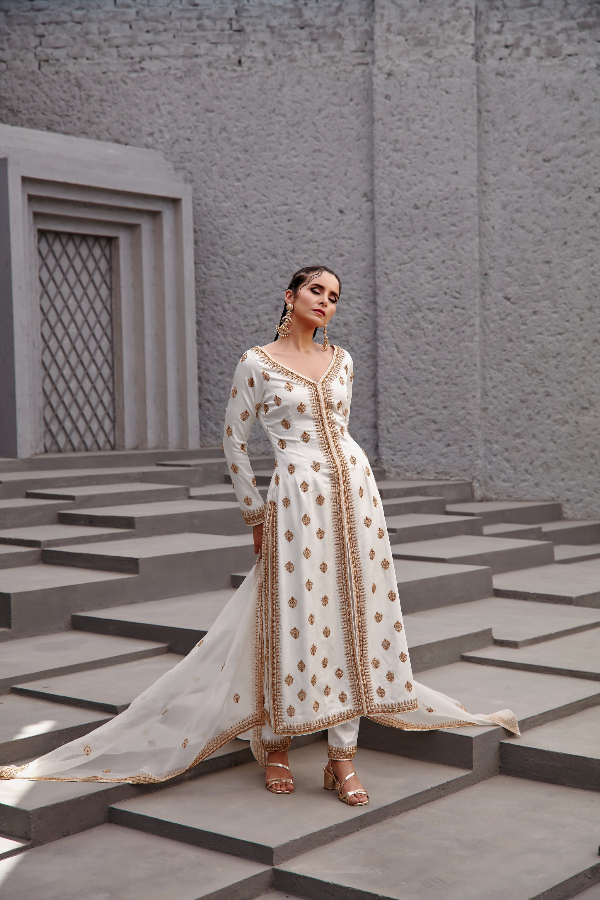 Pearl White Embroidered Jacket Set